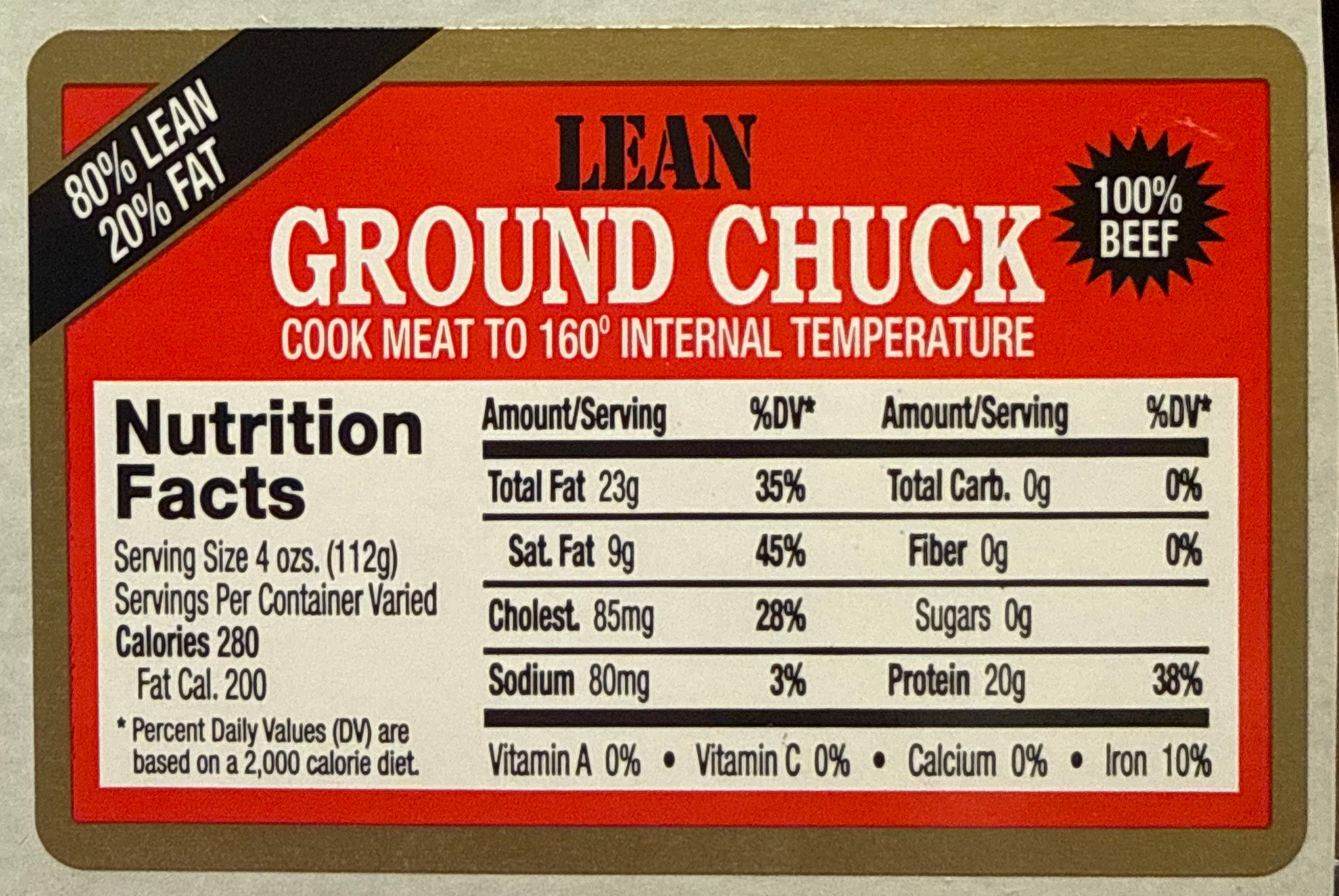 Piggly Wiggly 80% Lean Ground Chuck Nutrition Fact Labels at ...